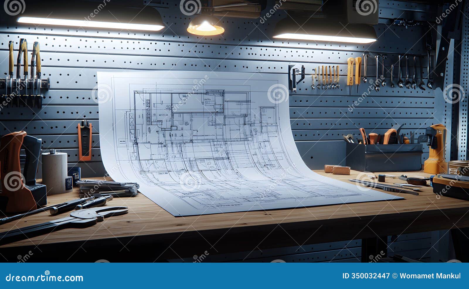 Detailed View of Architectural Blueprints Spread Out on a Workbench in ...