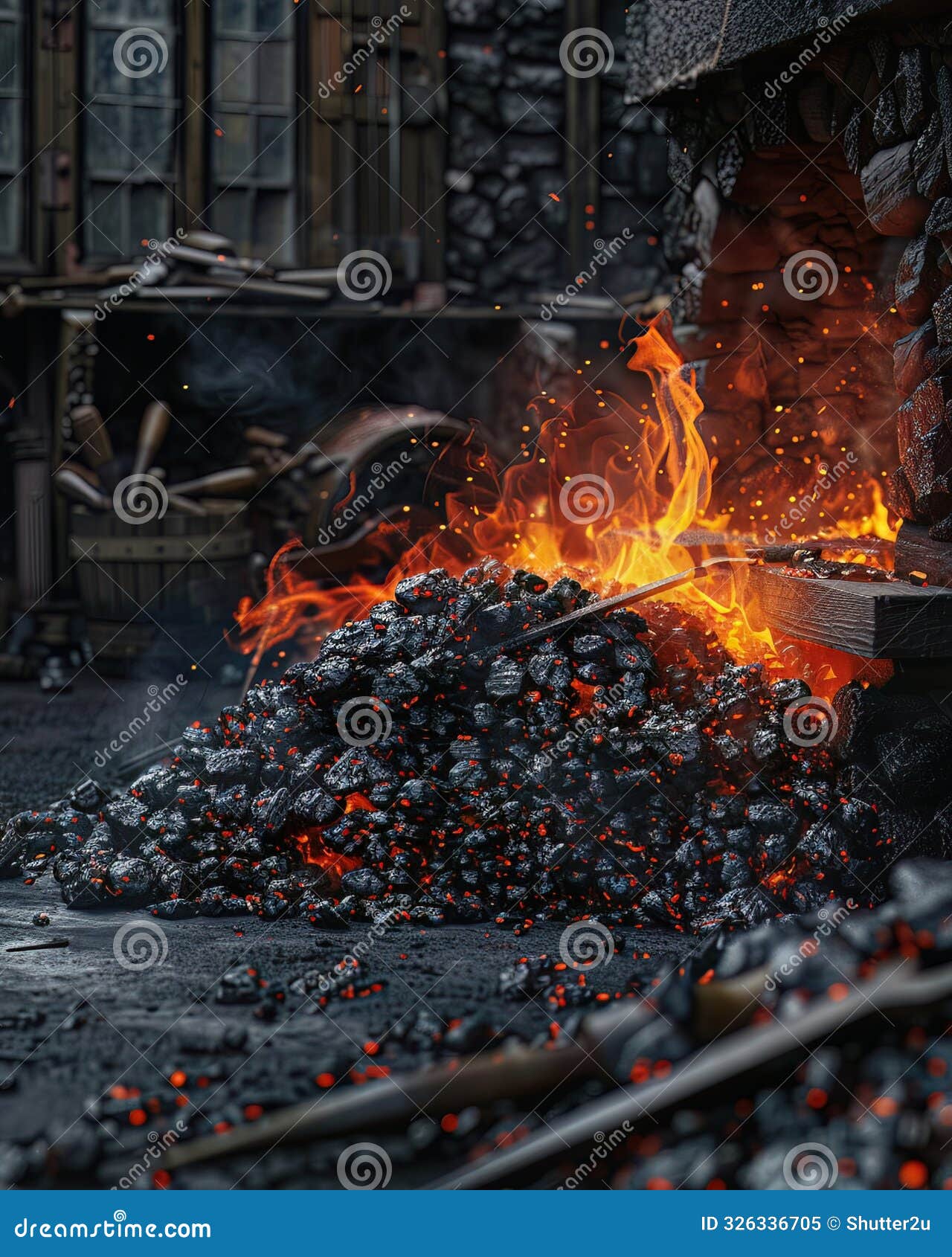 A Detailed View of the Blacksmiths Forge with Coal and Flames Capturing ...