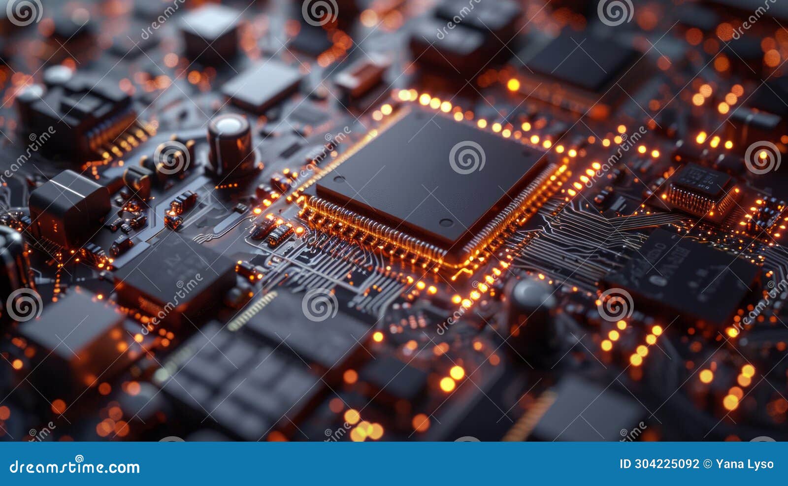 Detailed View of Circuit Board with Multiple Chips and Glowing Lights ...