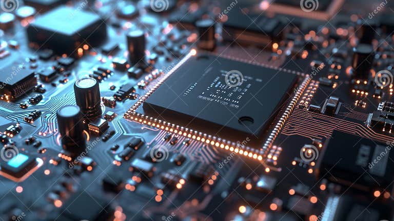 Detailed View of Circuit Board with Multiple Chips and Glowing Lights ...