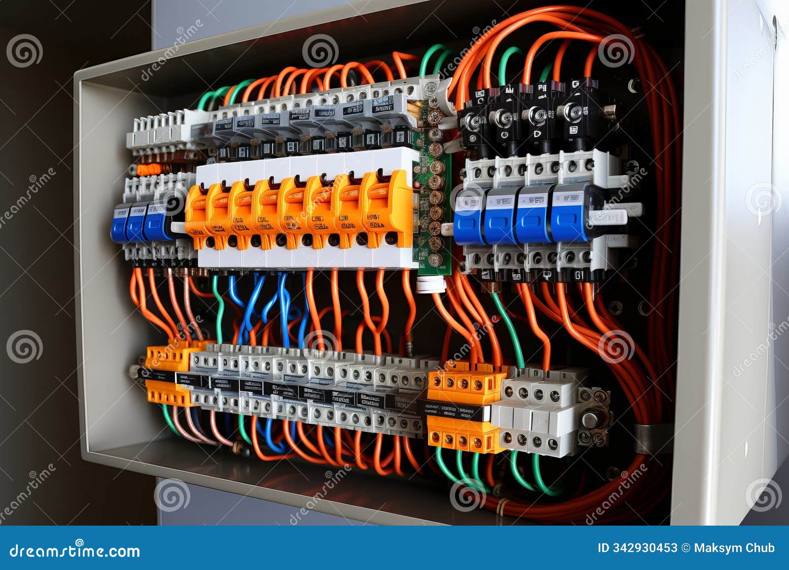 Detailed View of Electrical Control Panel Featuring Complex Wiring and ...