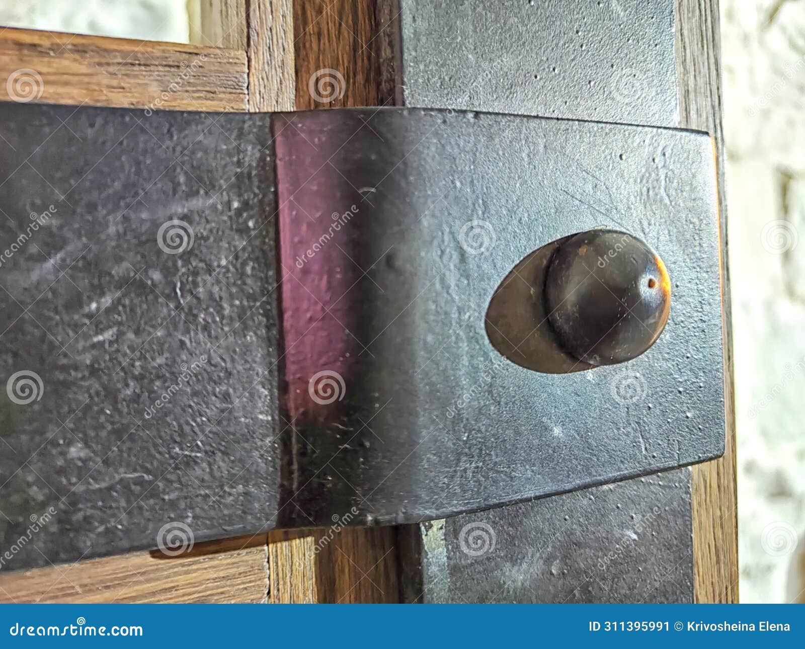 Detailed View of Hand Forged Iron Strap Hinge and Round Rivet. Close-up ...