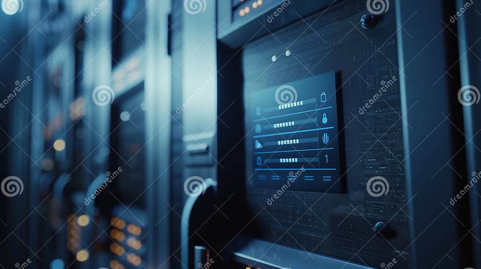 Detailed View of High-Tech Server Room Control Panel at Night with ...