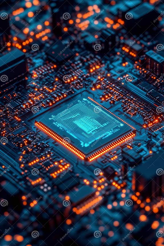 Close Up of a Modern Microprocessor on a Circuit Board with Glowing ...
