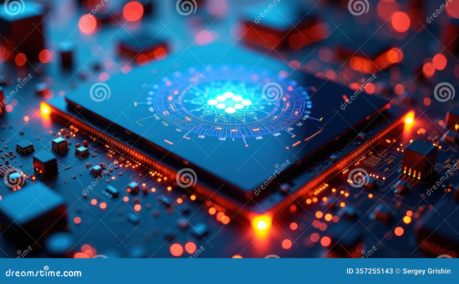 A Detailed View of a Microprocessor with Vivid Blue and Red Lighting ...