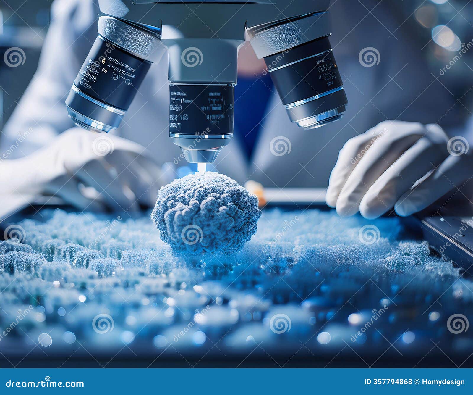 A Detailed View of a Microscope Examining a Complex, Textured Structure ...