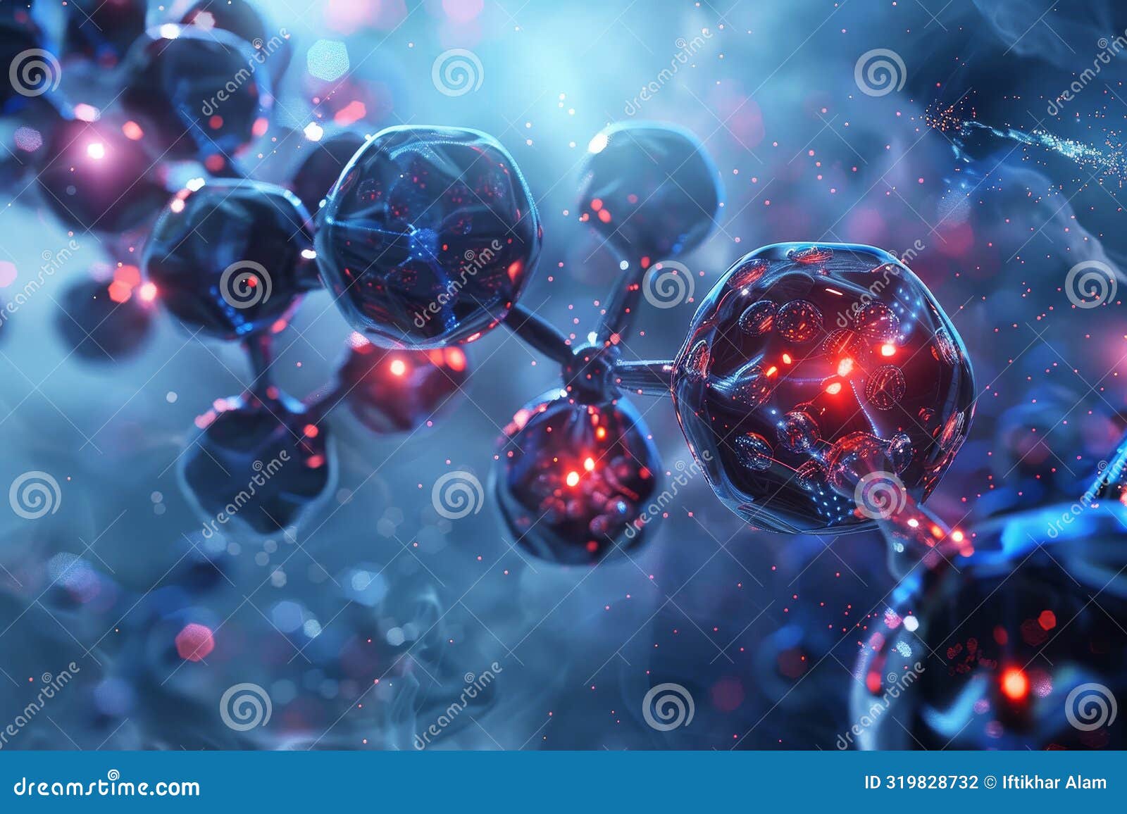 Detailed View Of A Molecule Illuminated By Red And Blue Lights, Develop A Visually Captivating ...