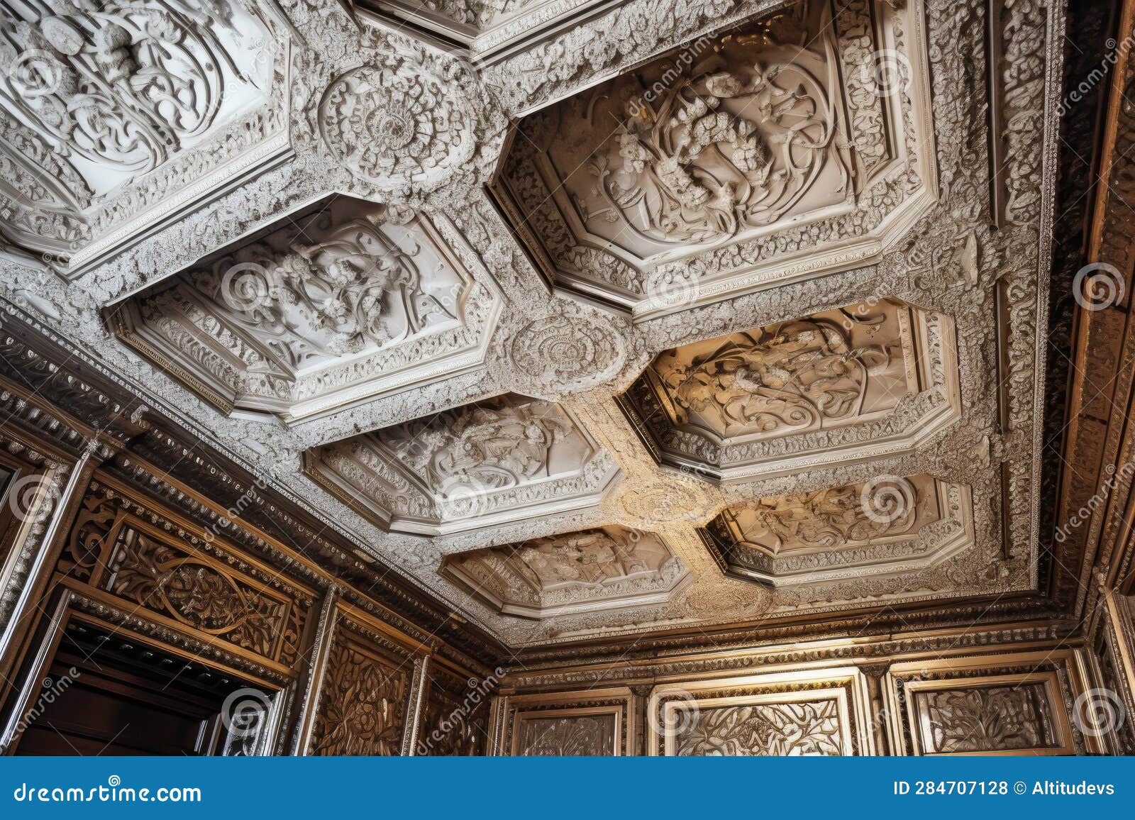 Detailed View of an Ornate Ceiling Design, with Intricate Patterns and ...