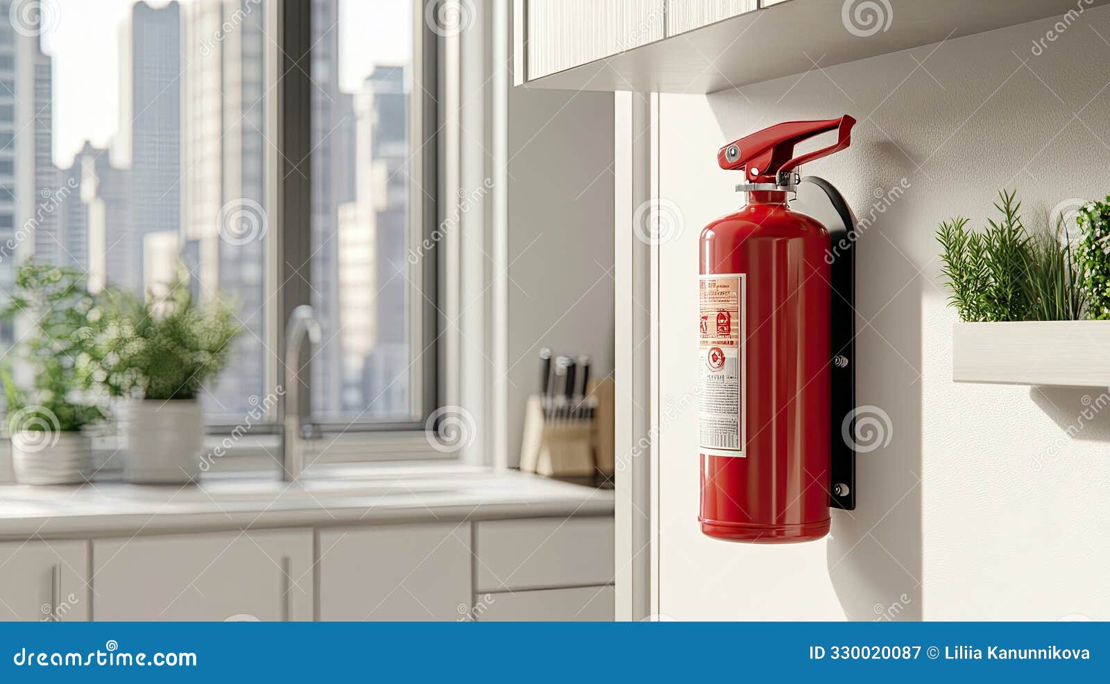 A Detailed View of a Red Fire Extinguisher Mounted on a Kitchen Wall ...