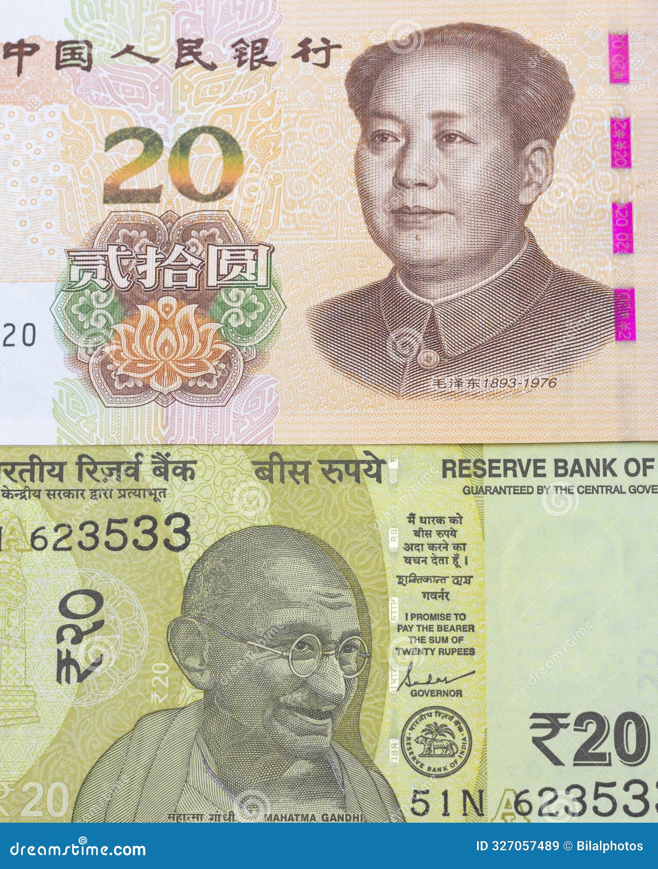 Detailed View of 20 Rupees and 20 Yuan Notes Stock Image - Image of ...