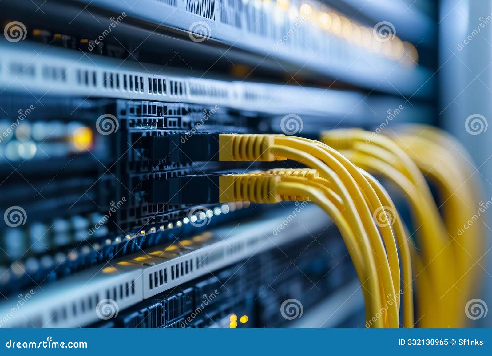 Detailed View of a Server Rack with Multiple Yellow Network Cables ...