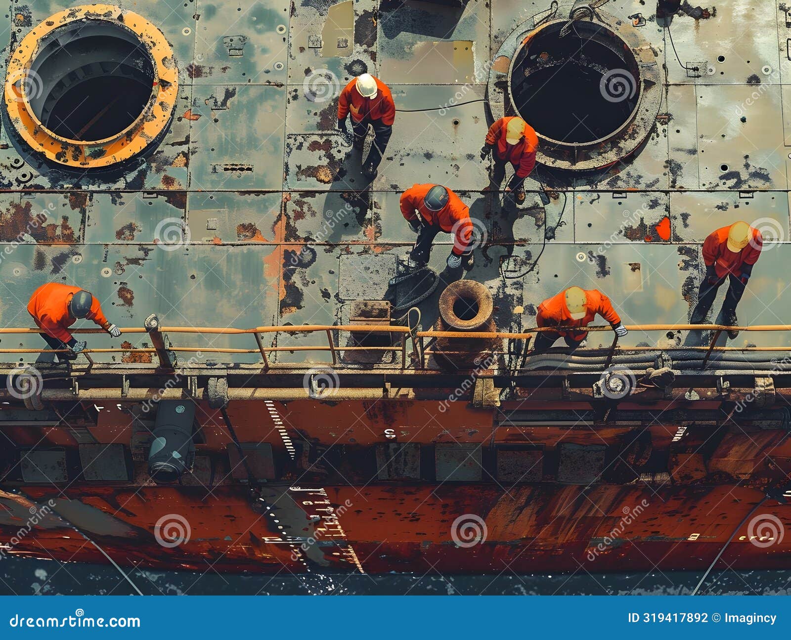 Detailed View of Shipyard Workers Maneuvering Heavy Deck Section ...