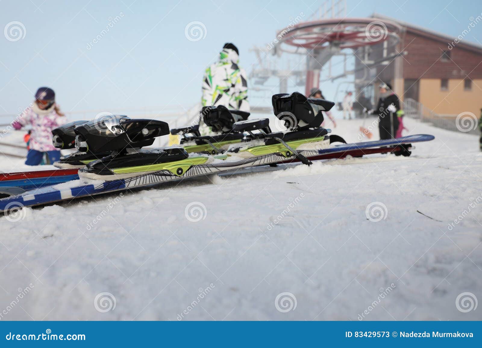 Detailed View of the Ski Bindings and Skis Lying on the Piste Editorial ...