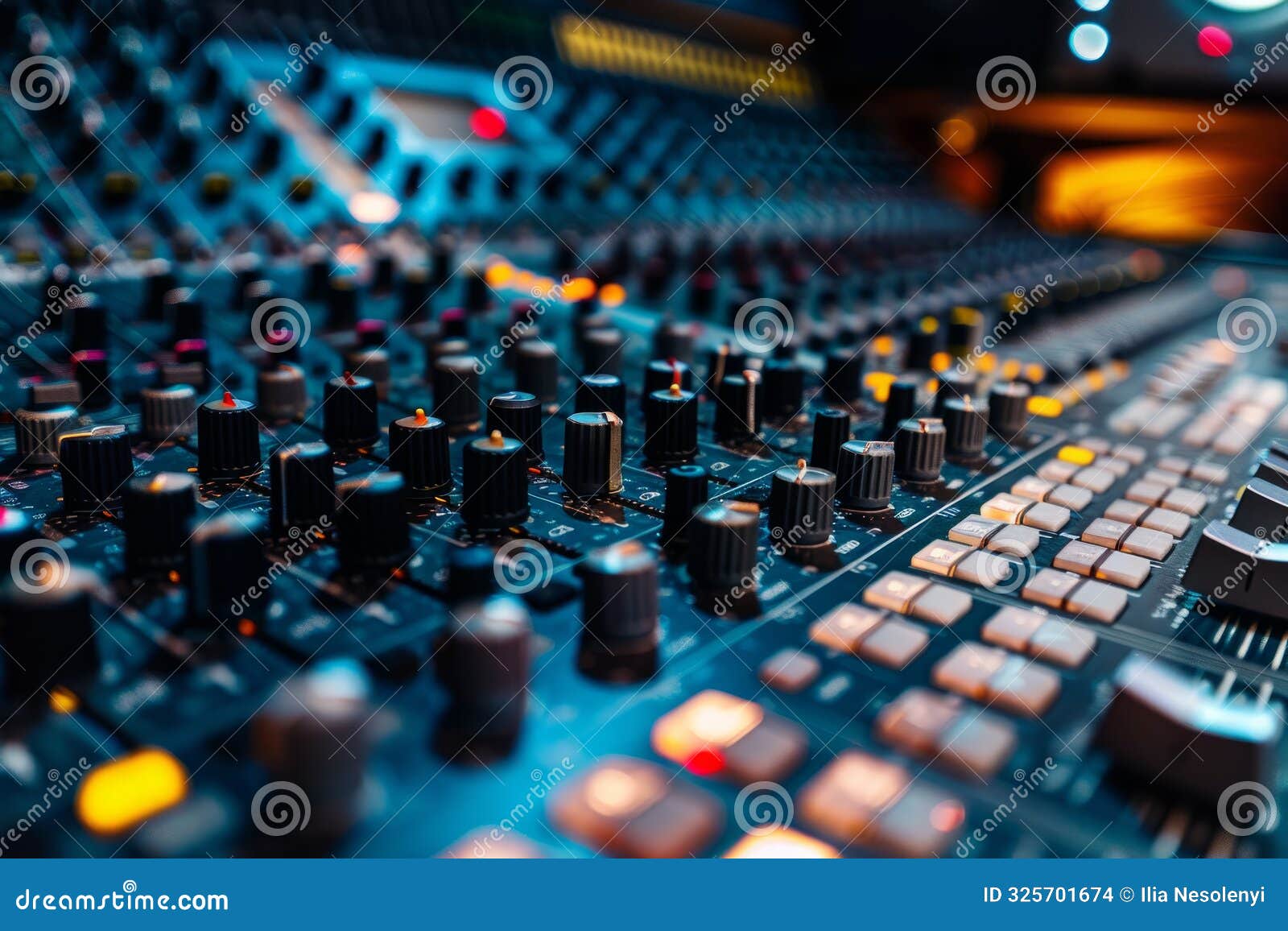 Detailed View of a Sound Mixing Console with Knobs, Buttons, and ...