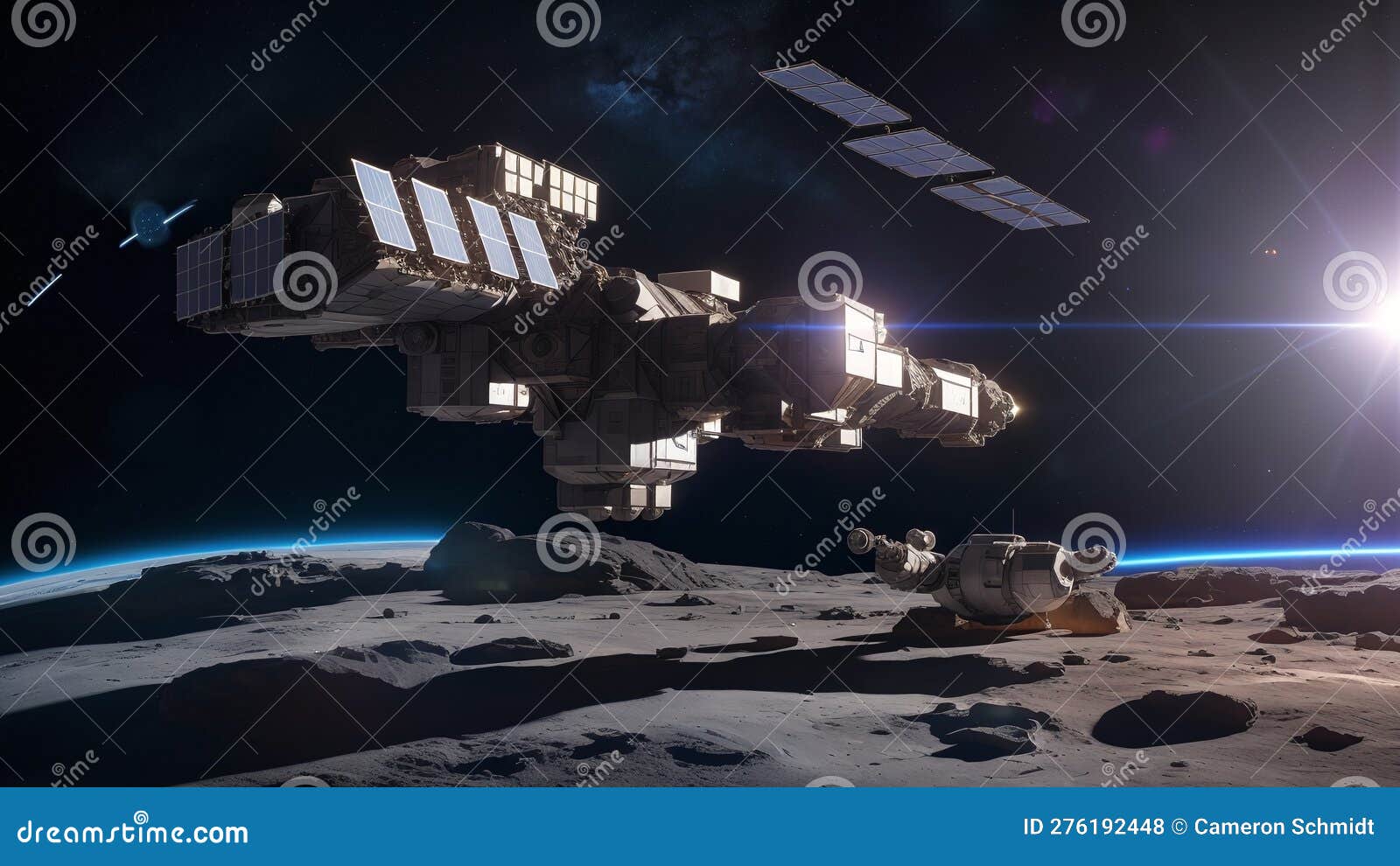 A Detailed View of a Space Station in the Sky with a Moon in the ...