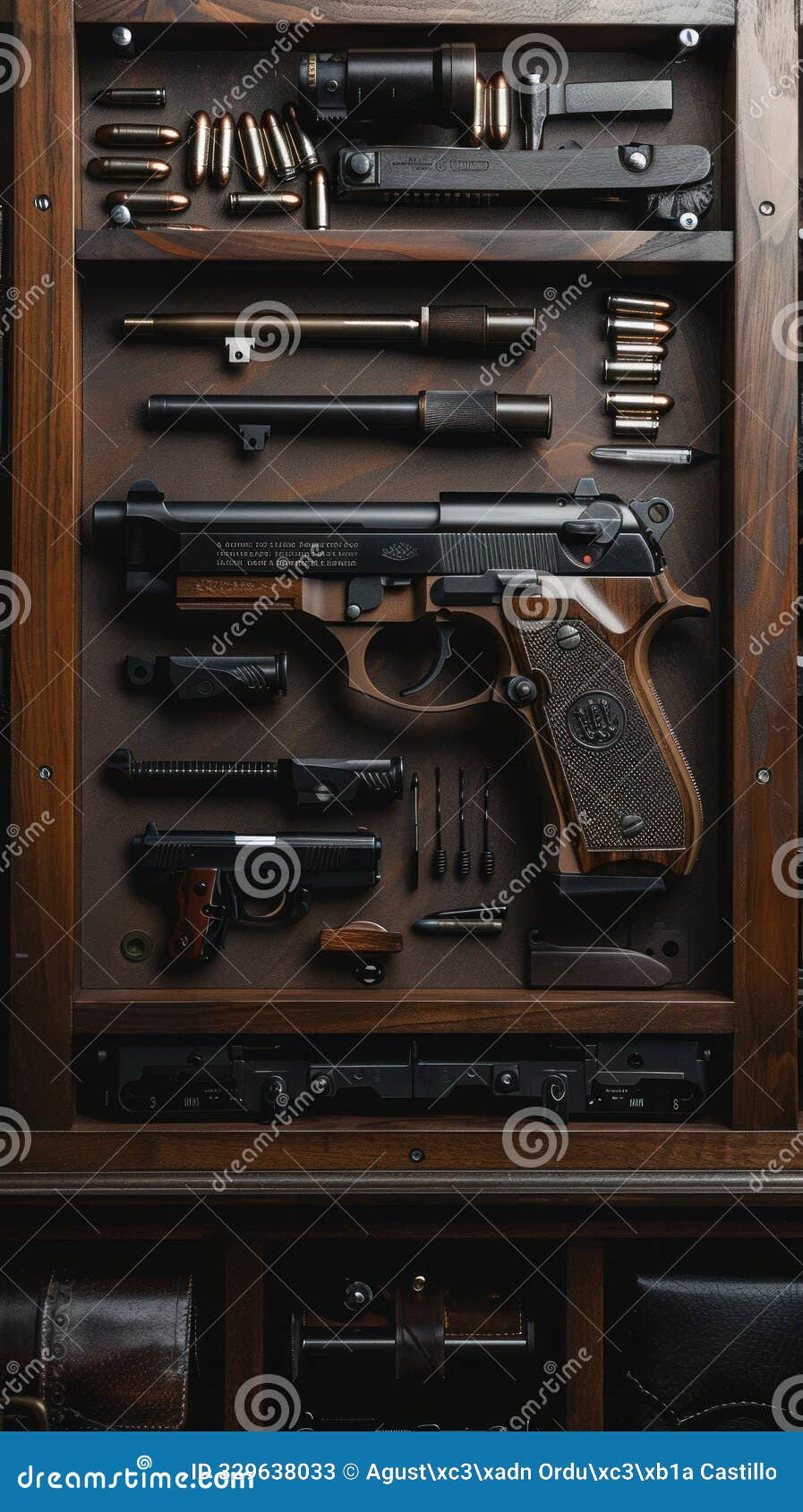 Assorted Firearms And Ammunition In Display Case, Beretta Pistol. Stock ...