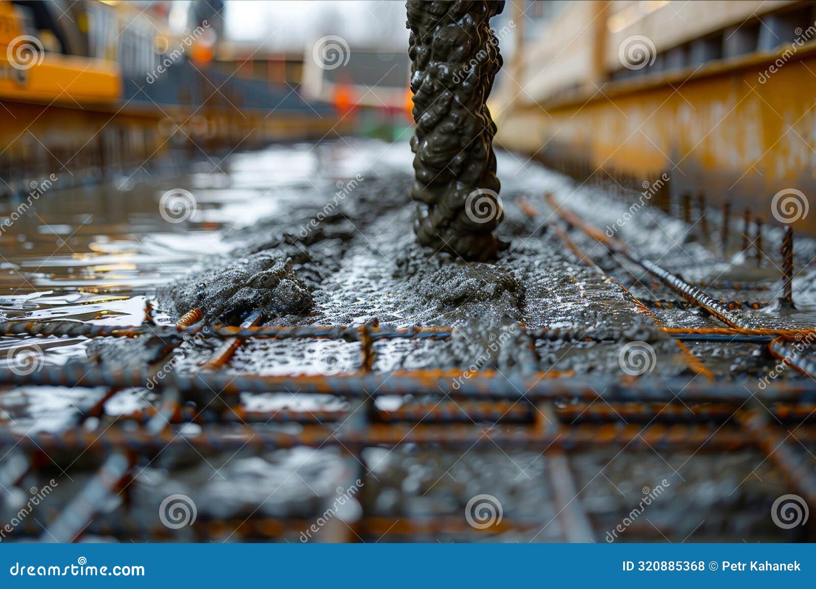 Detailed View of Wet Concrete Being Spread on a Rebar Framework ...