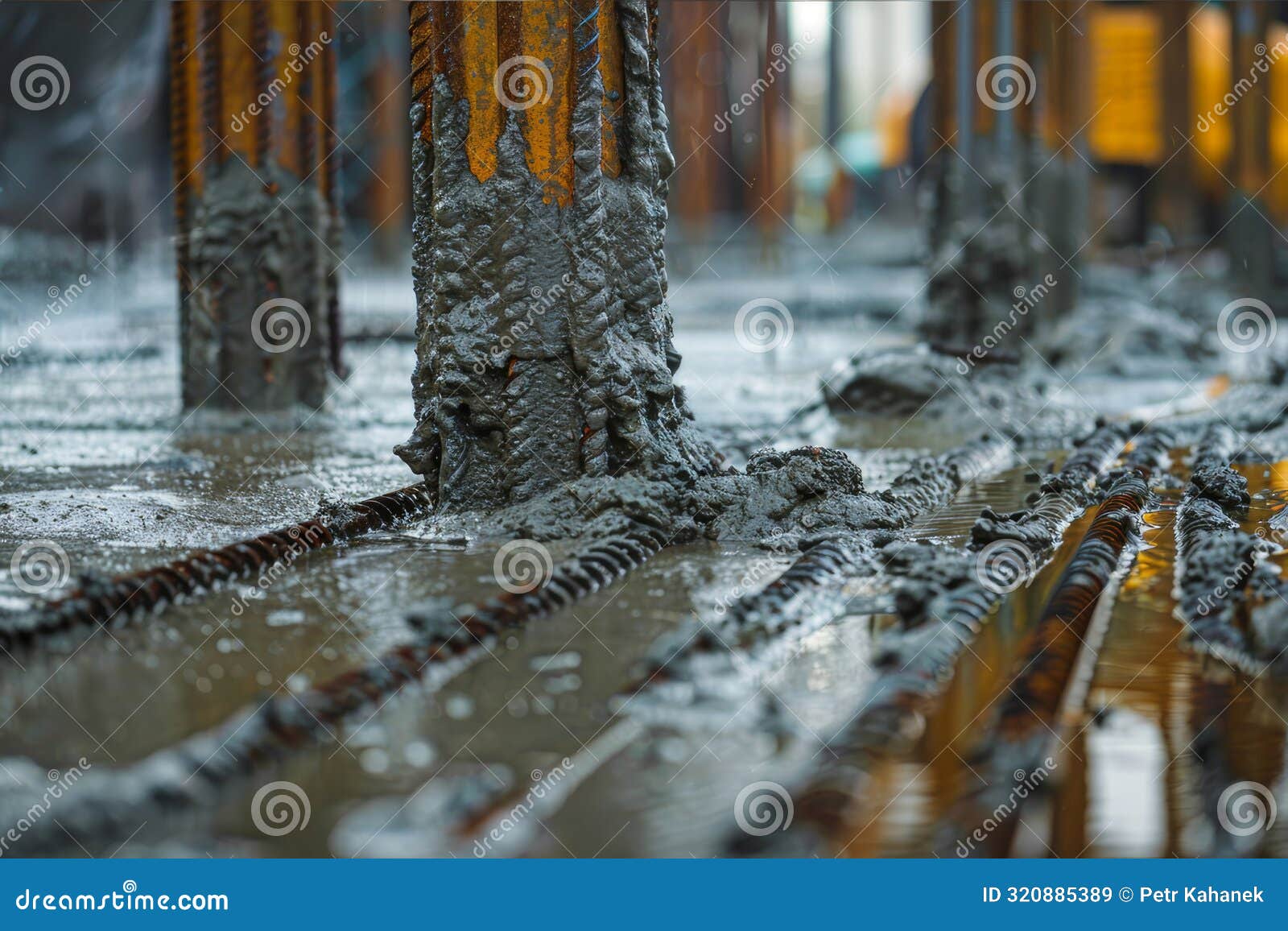 Detailed View of Wet Concrete Being Spread on a Rebar Framework ...
