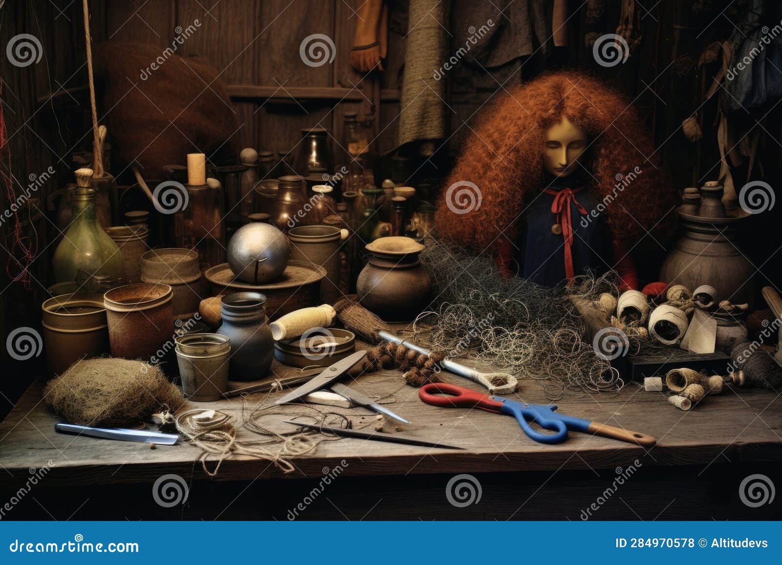 Detailed View of Wig-making Tools and Materials Stock Illustration ...