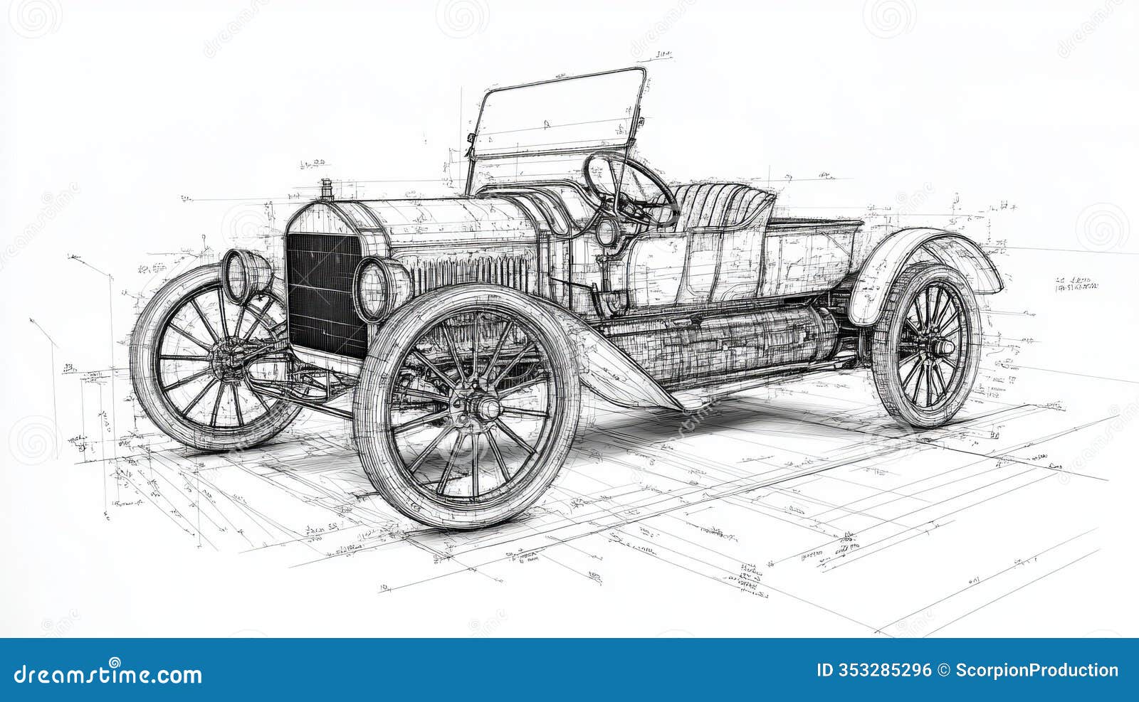 Detailed Vintage Car Technical Drawing from Multiple Angles Stock Photo ...