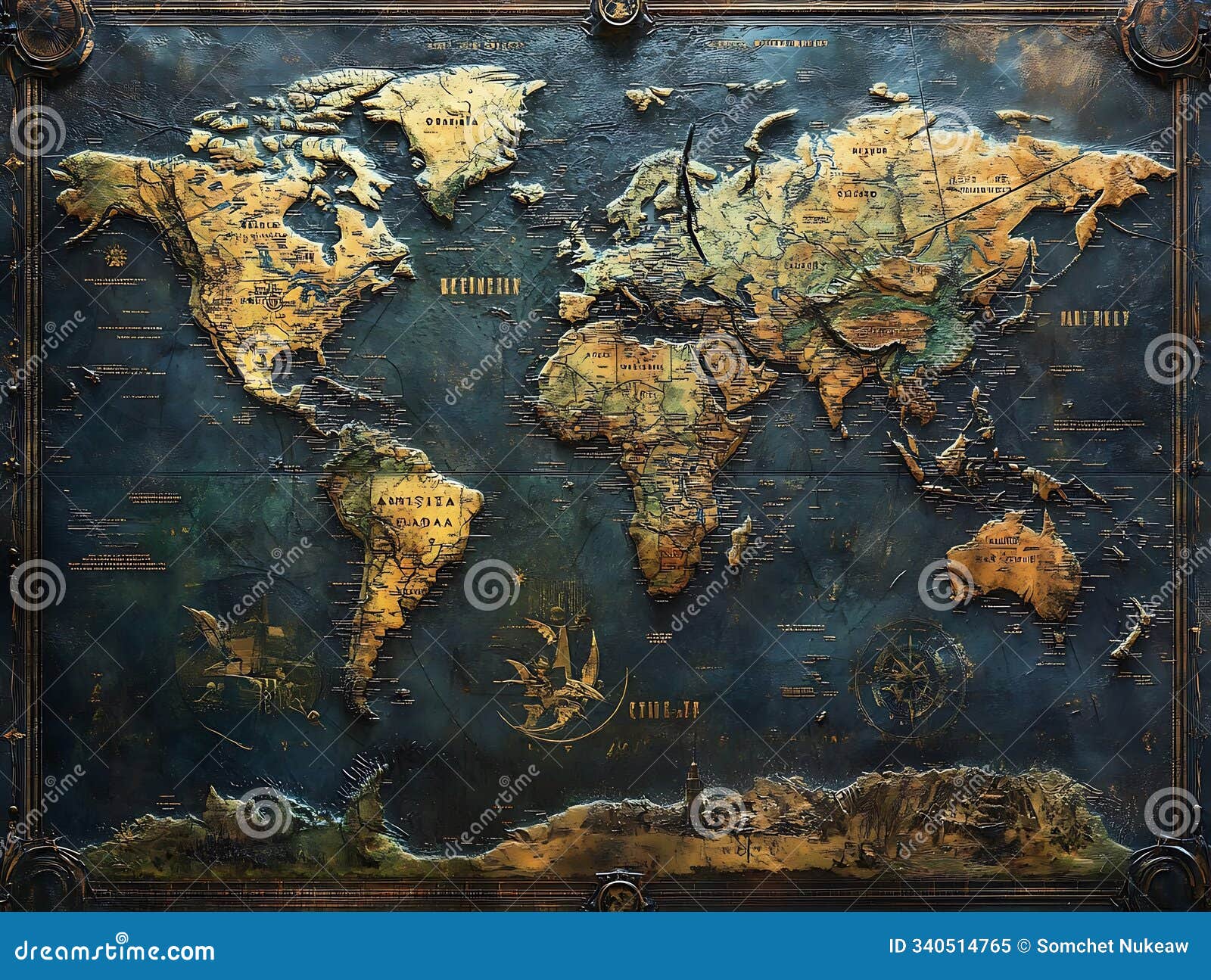 Detailed Vintage World Map with Ornate Design Stock Illustration ...