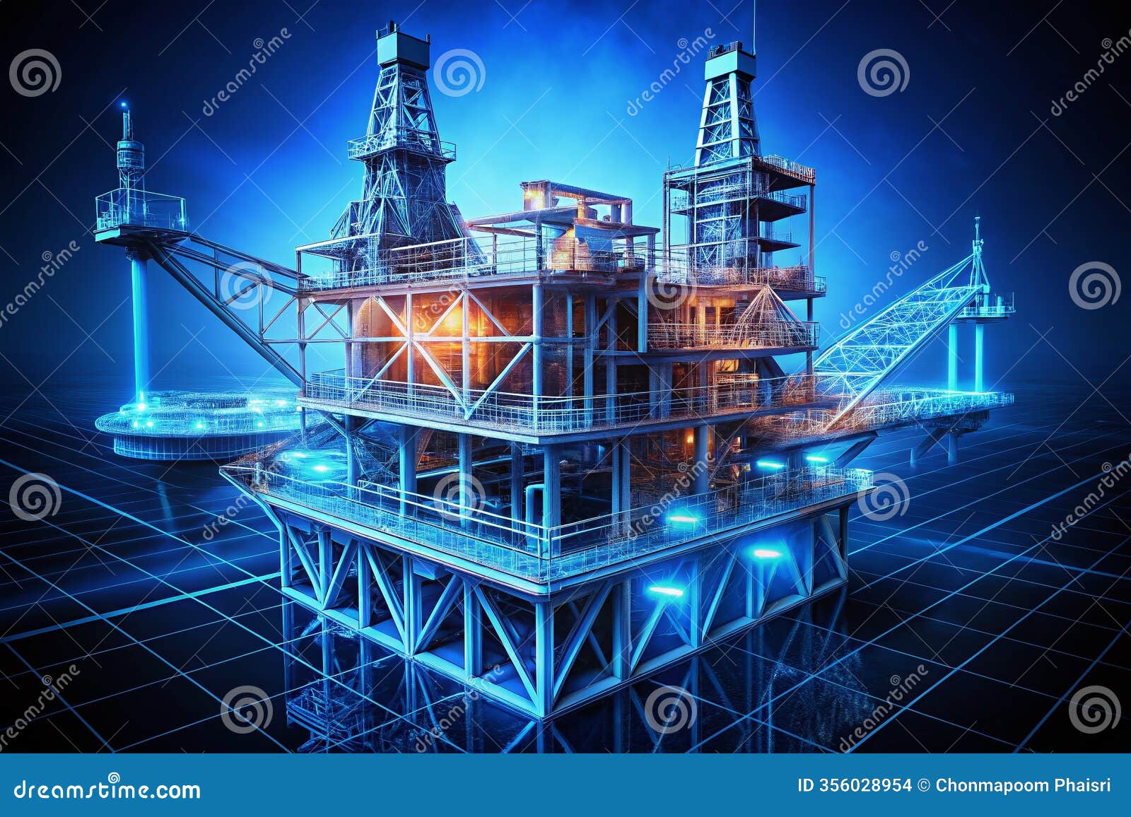 Detailed Wireframe Model of an Offshore Oil Rig Dark Blue Architectural ...