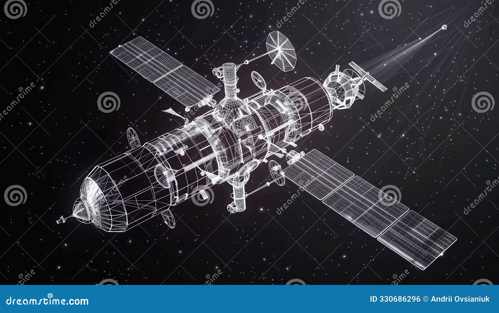 Detailed Wireframe Model of a Spacecraft Against a Starry Background ...