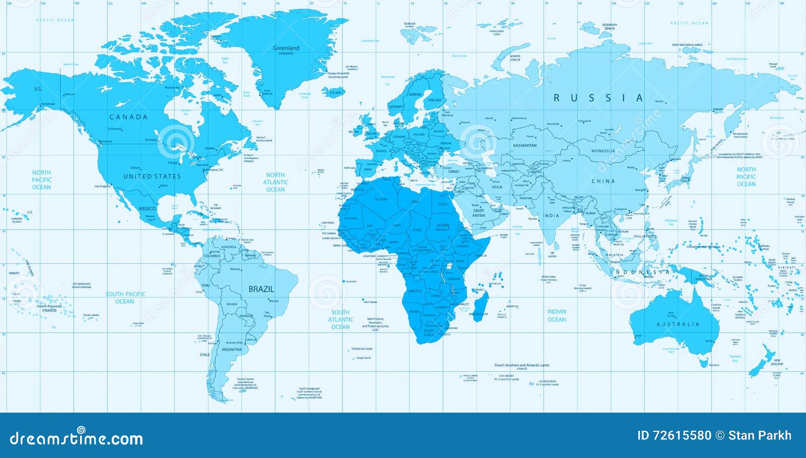 Detailed World Map Blue Colors Isolated on White Stock Vector ...
