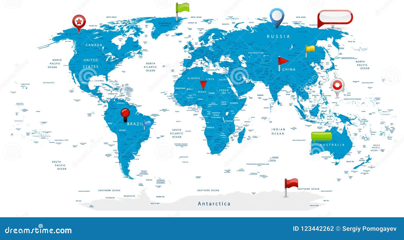 Detailed World Map and Glossy Icons on Map Stock Vector - Illustration ...