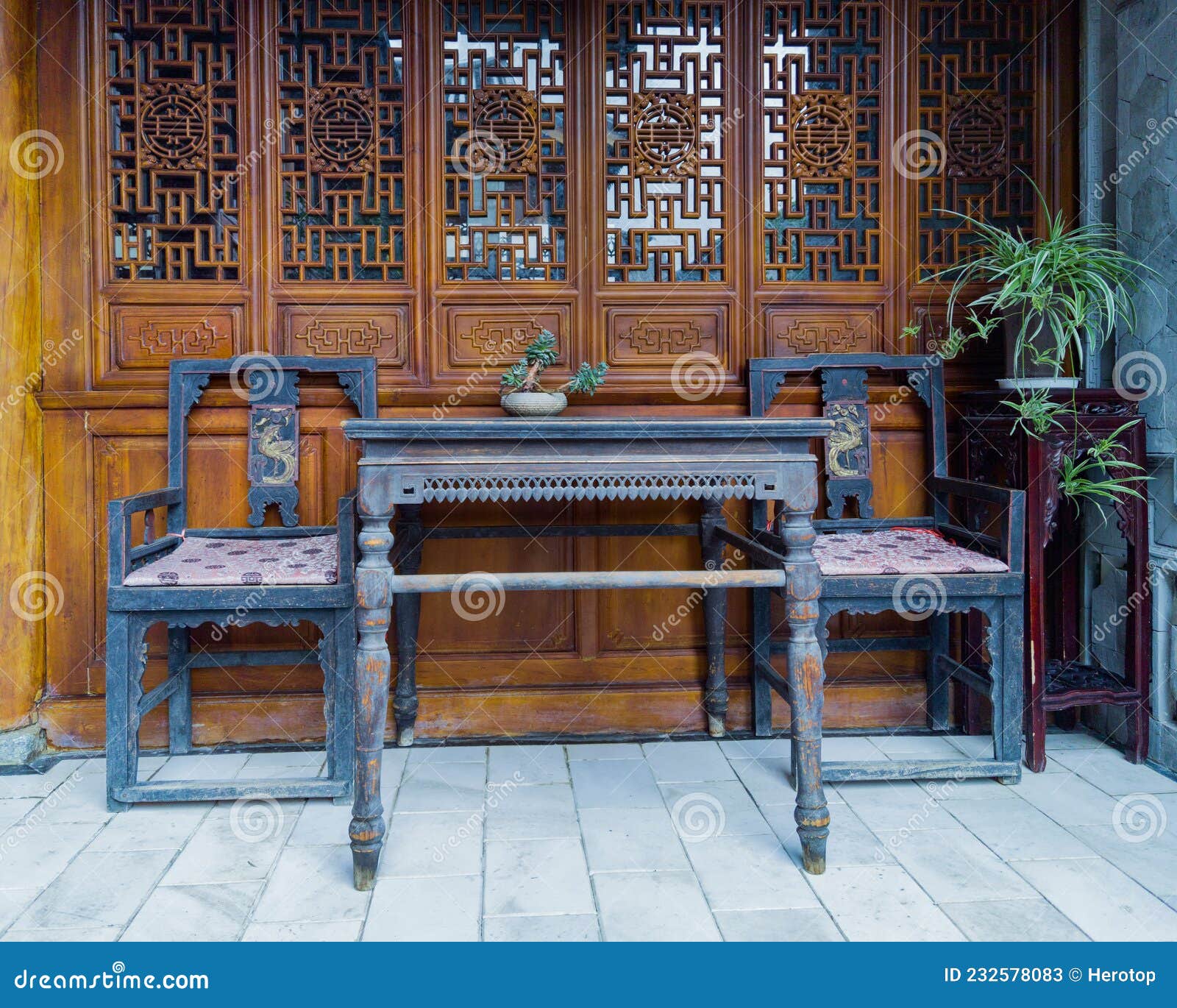 Details of Chinese Tables and Chairs with Ancient Chinese Doors As the ...
