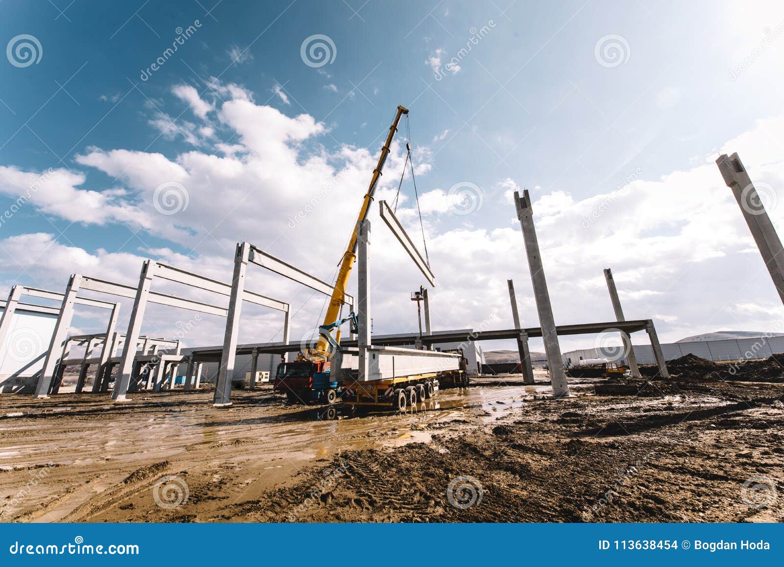 Details of Construction Site with Crane Lifting Prefabricated Concrete ...