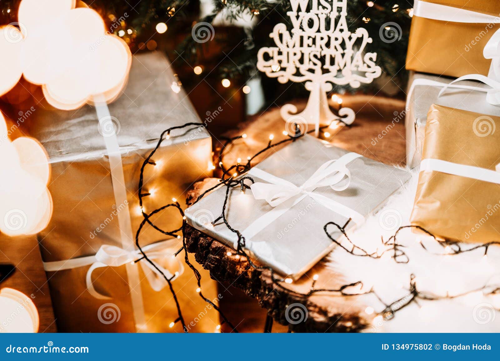 Elegant Presents and Gift Boxes Under the Christmas Tree Stock Photo ...