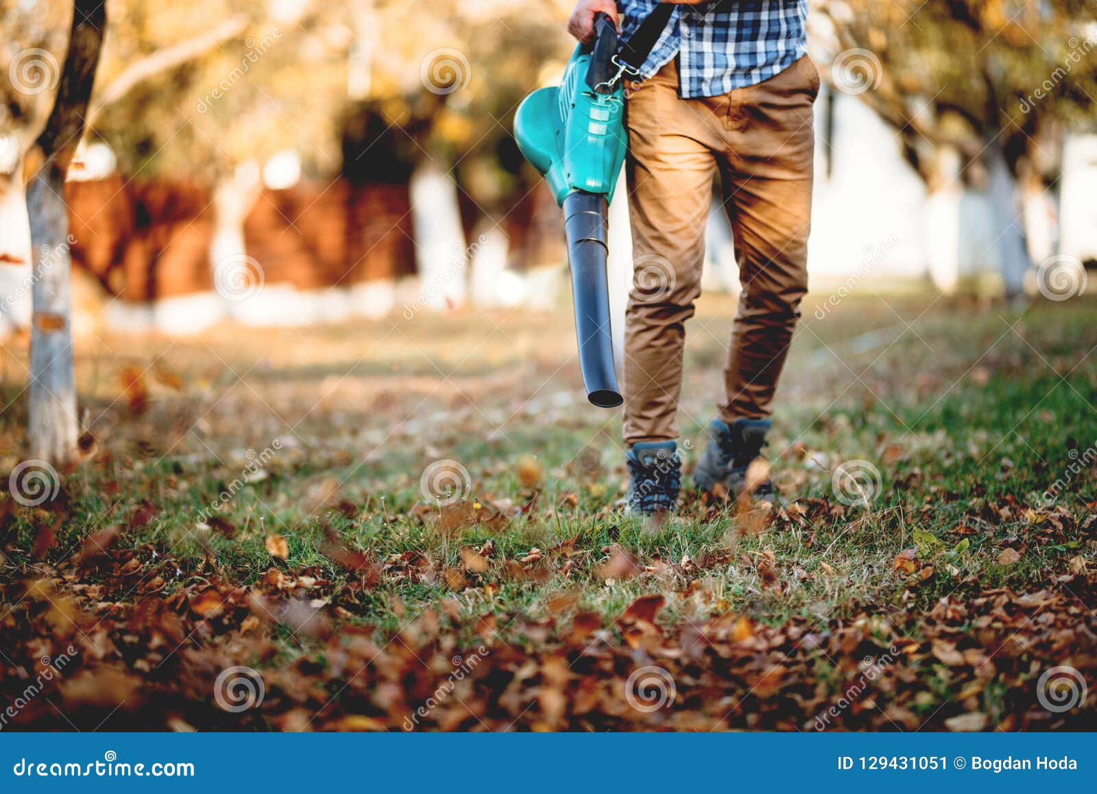Details of Leaves Blowing, Man Using Multiple Tools while Working in ...