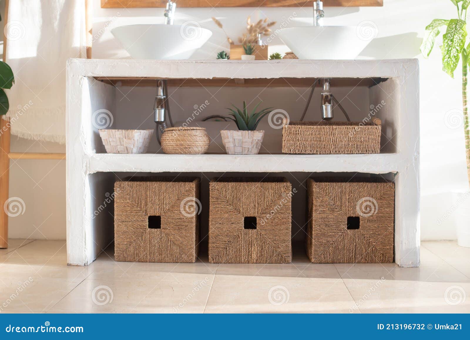 Details of Modern Cozy White Interior Bathroom with Wicker Boxes Stock ...