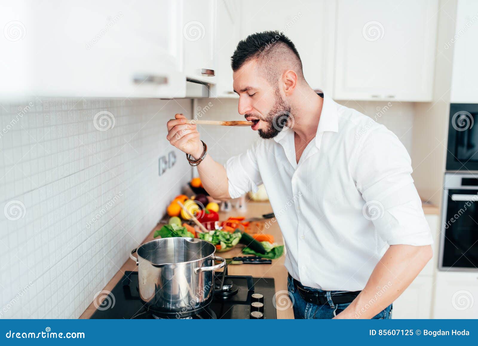 Details of Modern Lifestyle. Master Chef Tasting Soup and Cooking Stock ...