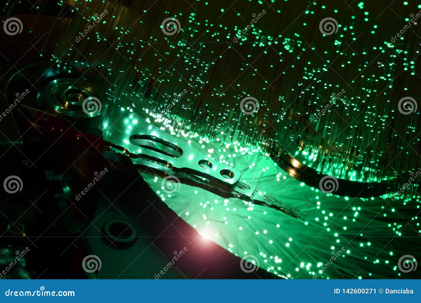 Details of Opened Computer Hard Disk Drive with Colored Optic Fiber ...