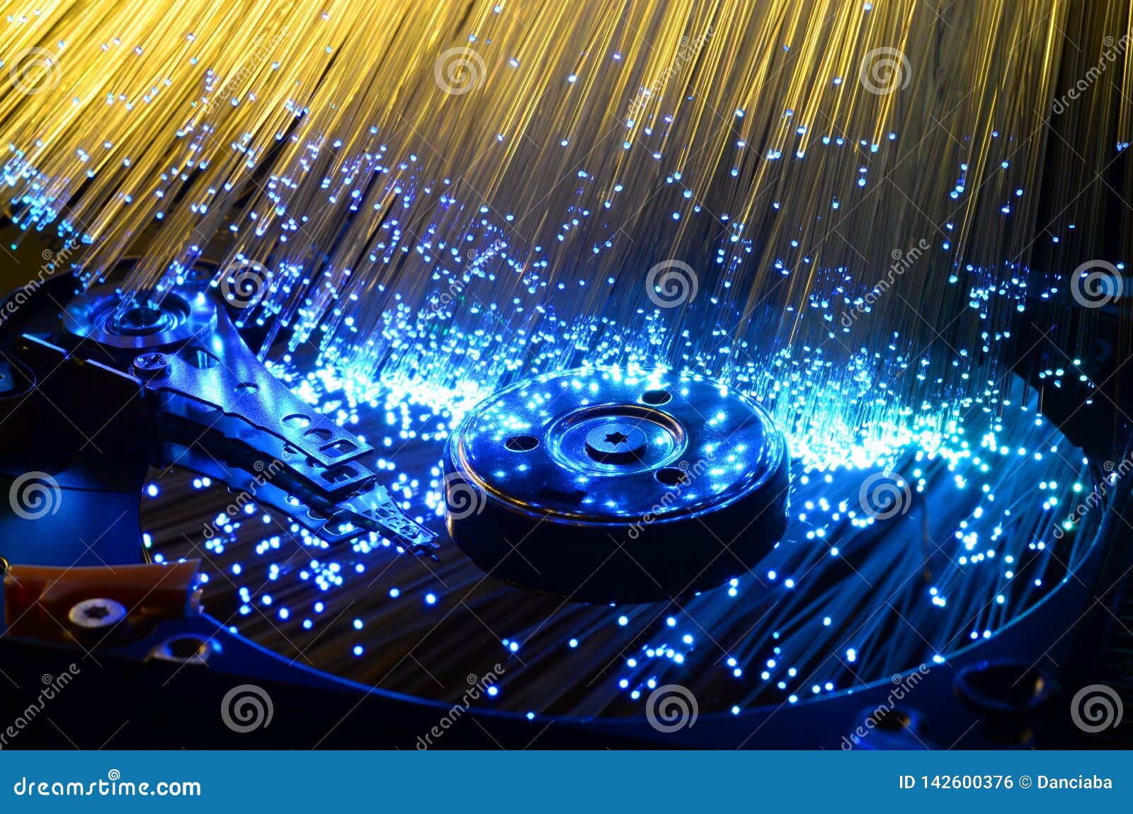 Details of Opened Computer Hard Disk Drive with Colored Optic Fiber ...