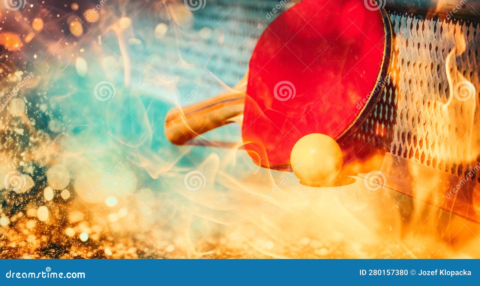 Details of Pingpong Table with Playing Equipment and Yellow Ball. Fire ...