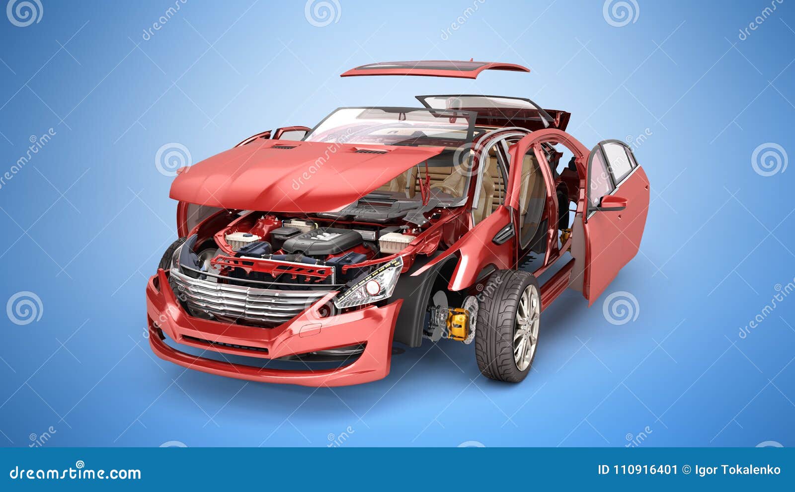 Details of the Red Car on a Blue Gradient Background 3D Render Stock ...