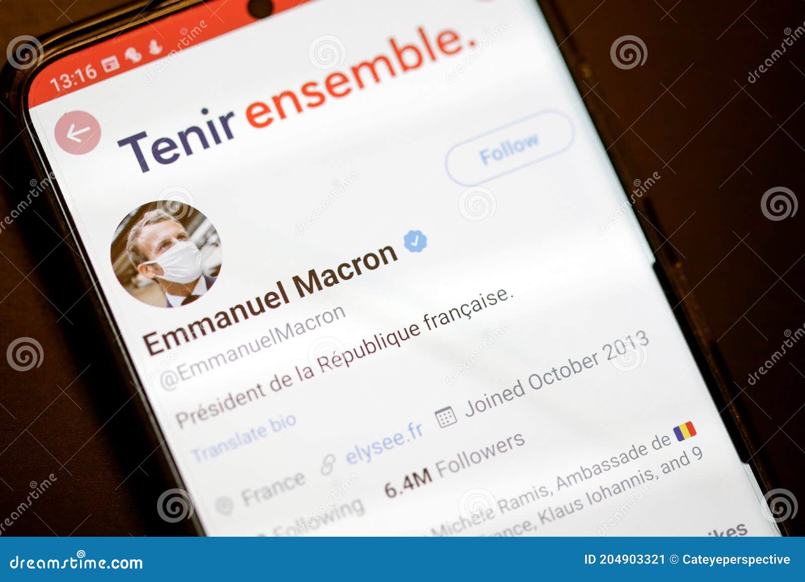 Details with the Twitter Account of Emmanuel Macron on a Mobile Device ...