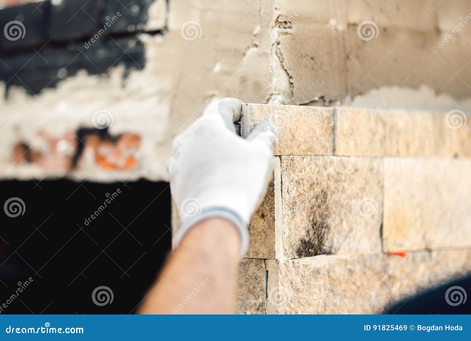 Details of Worker Hands Using Cement and Stone. Construction Mason ...