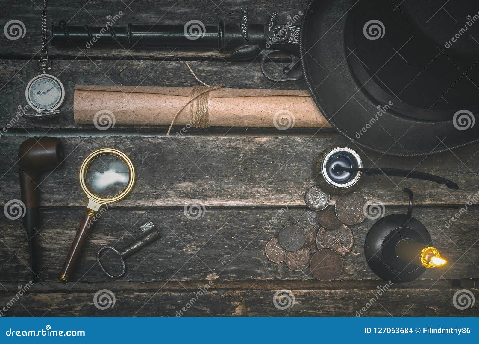 Detective table. stock photo. Image of crime, feather - 127063684
