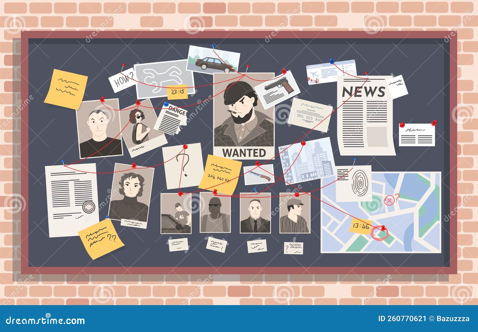 Detective Board With Pins And Evidence, Crime Investigation Cartoon ... Detective Board With Pins And Evidence, Crime Investigation Cartoon ...