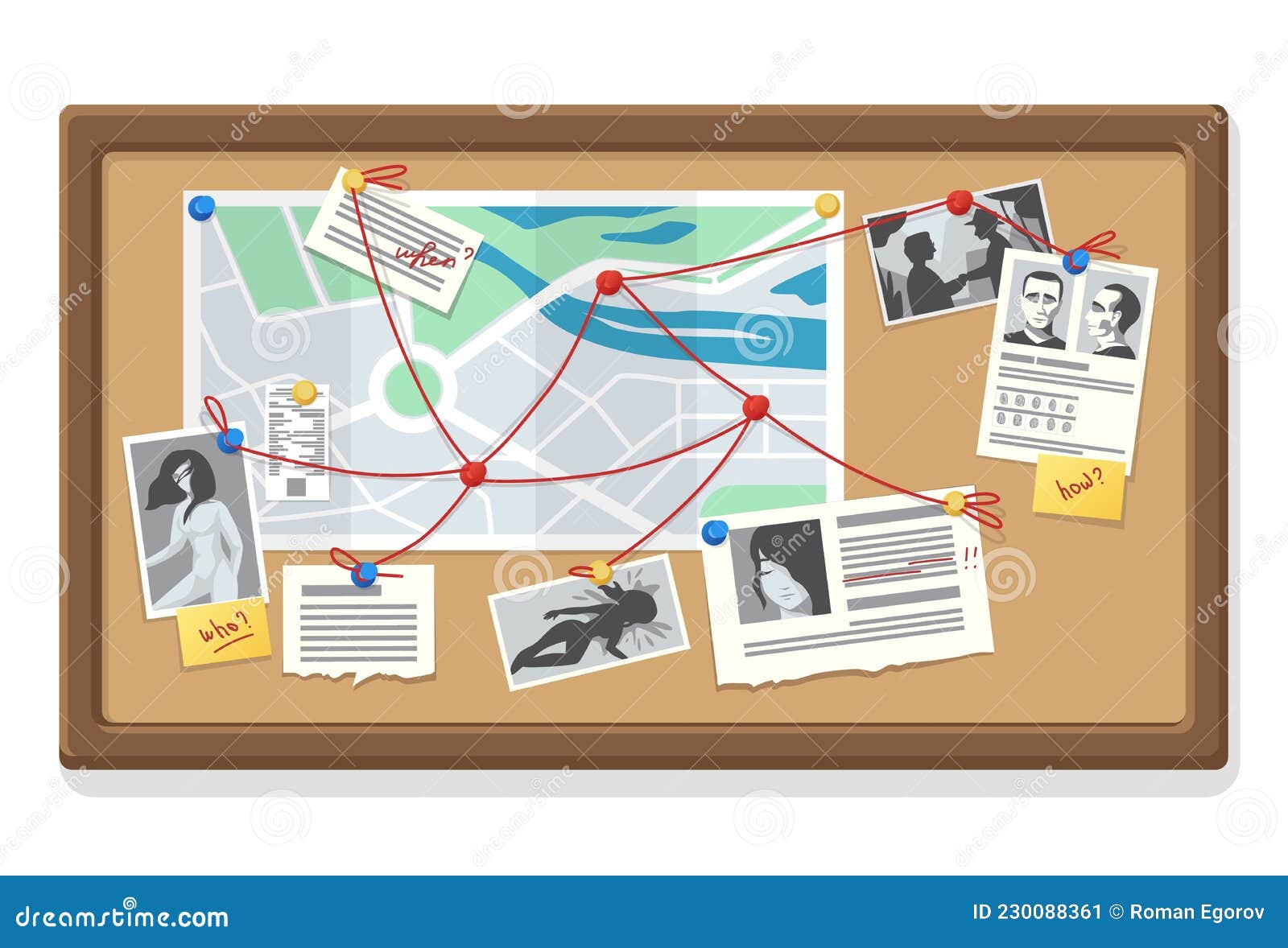 Detective Board With Pins And Evidence, Crime Investigation Cartoon ... Detective Board With Pins And Evidence, Crime Investigation Cartoon ...