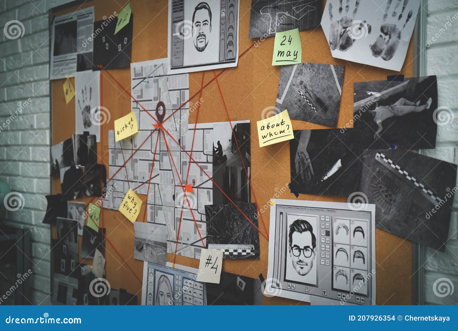 Detective Board with Stickers, Photos, Map and Clues Connected by Red ...