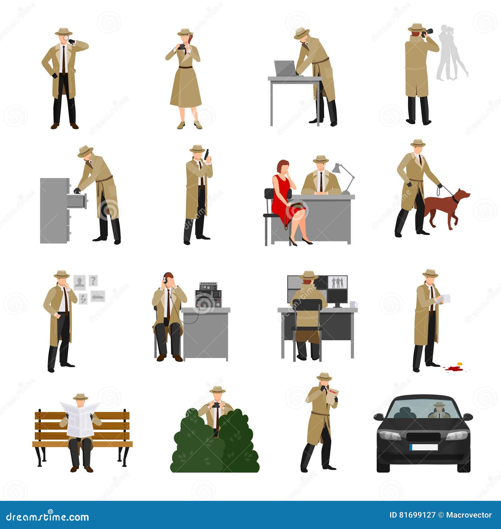 Detective Characters Collection Stock Vector - Illustration of pose ...