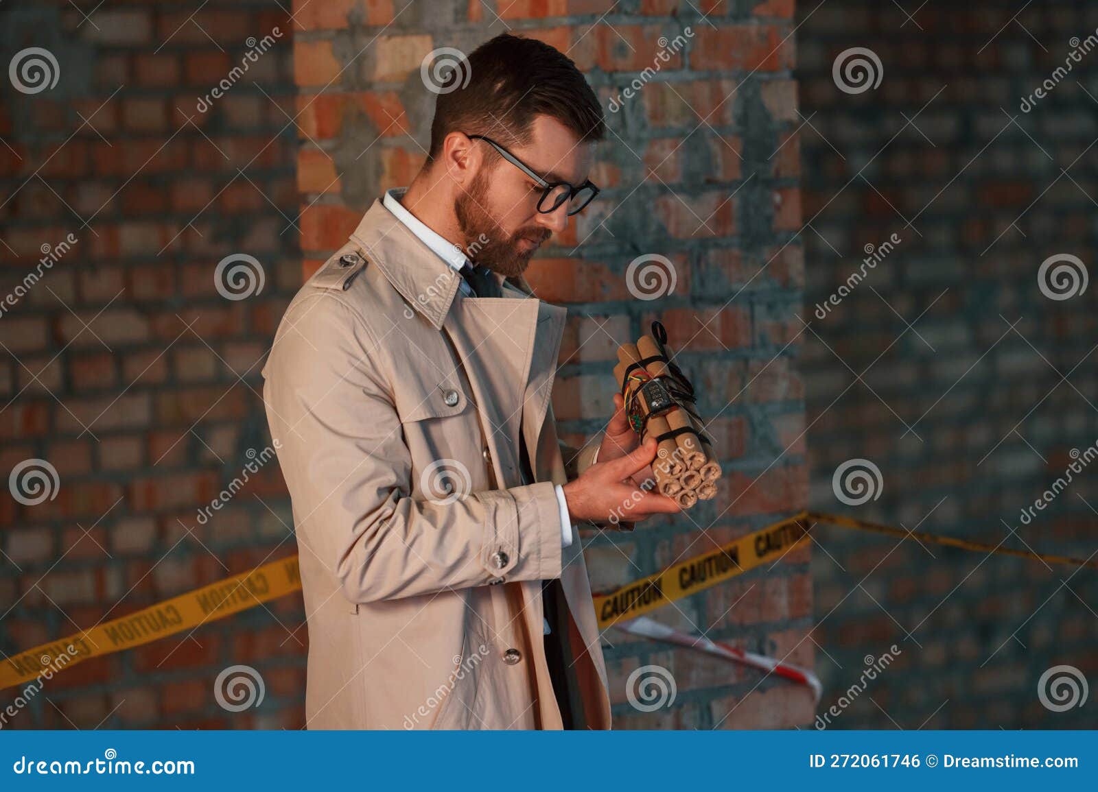 Detective in Coat is on the Crime Scene with Explosive Bomb Stock Photo ...