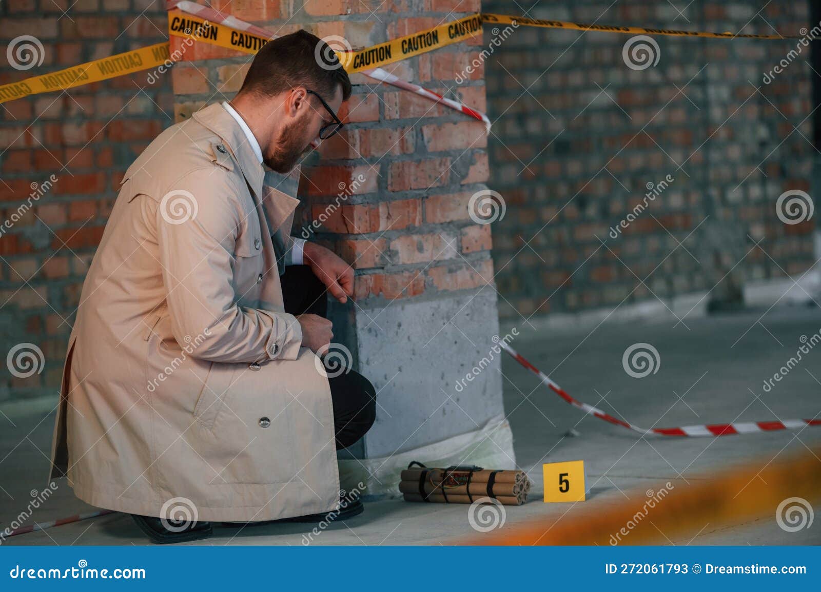 Detective in Coat is on the Crime Scene with Explosive Bomb Stock Image ...