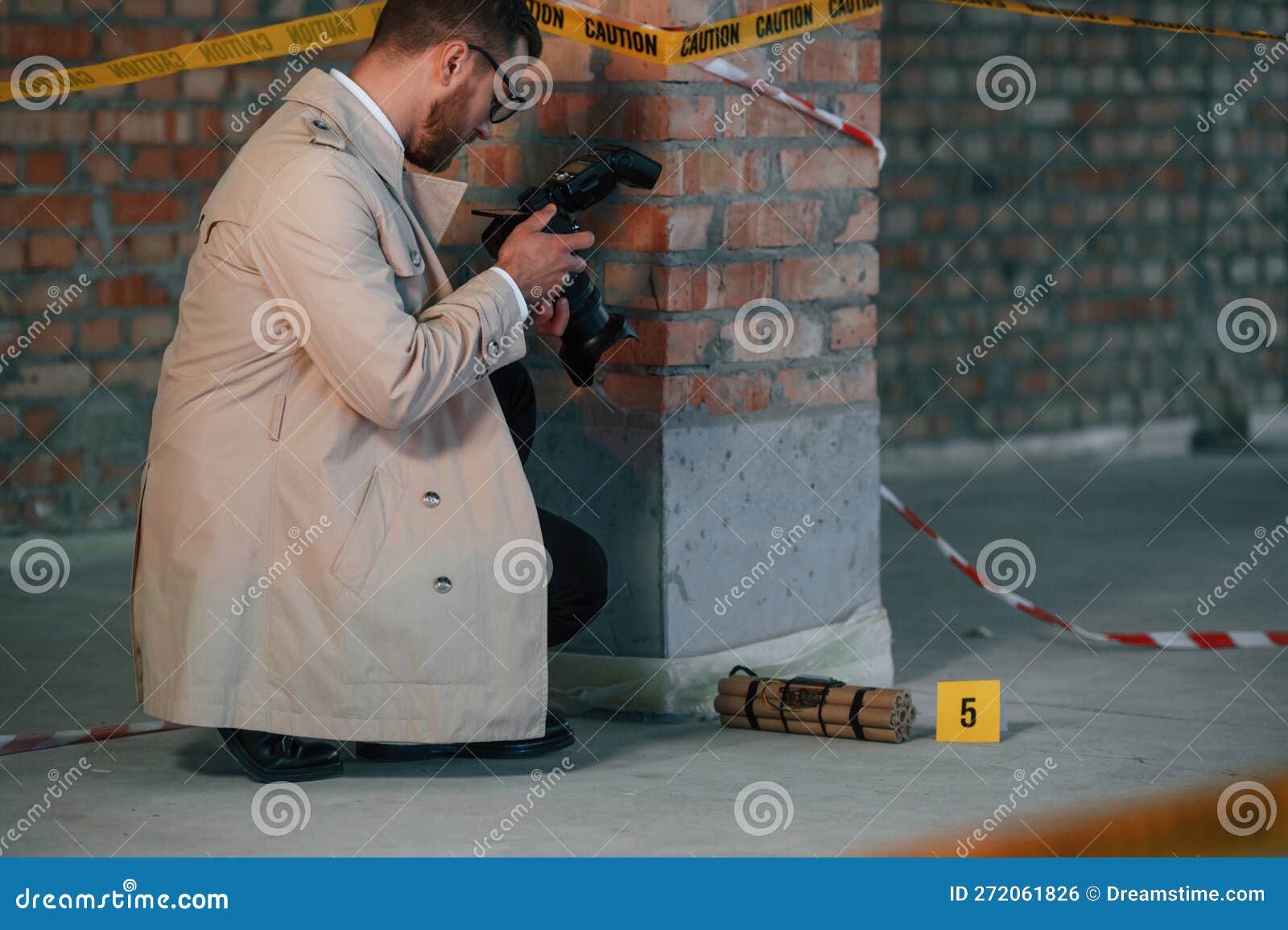 Detective in Coat is on the Crime Scene with Explosive Bomb Stock Photo ...