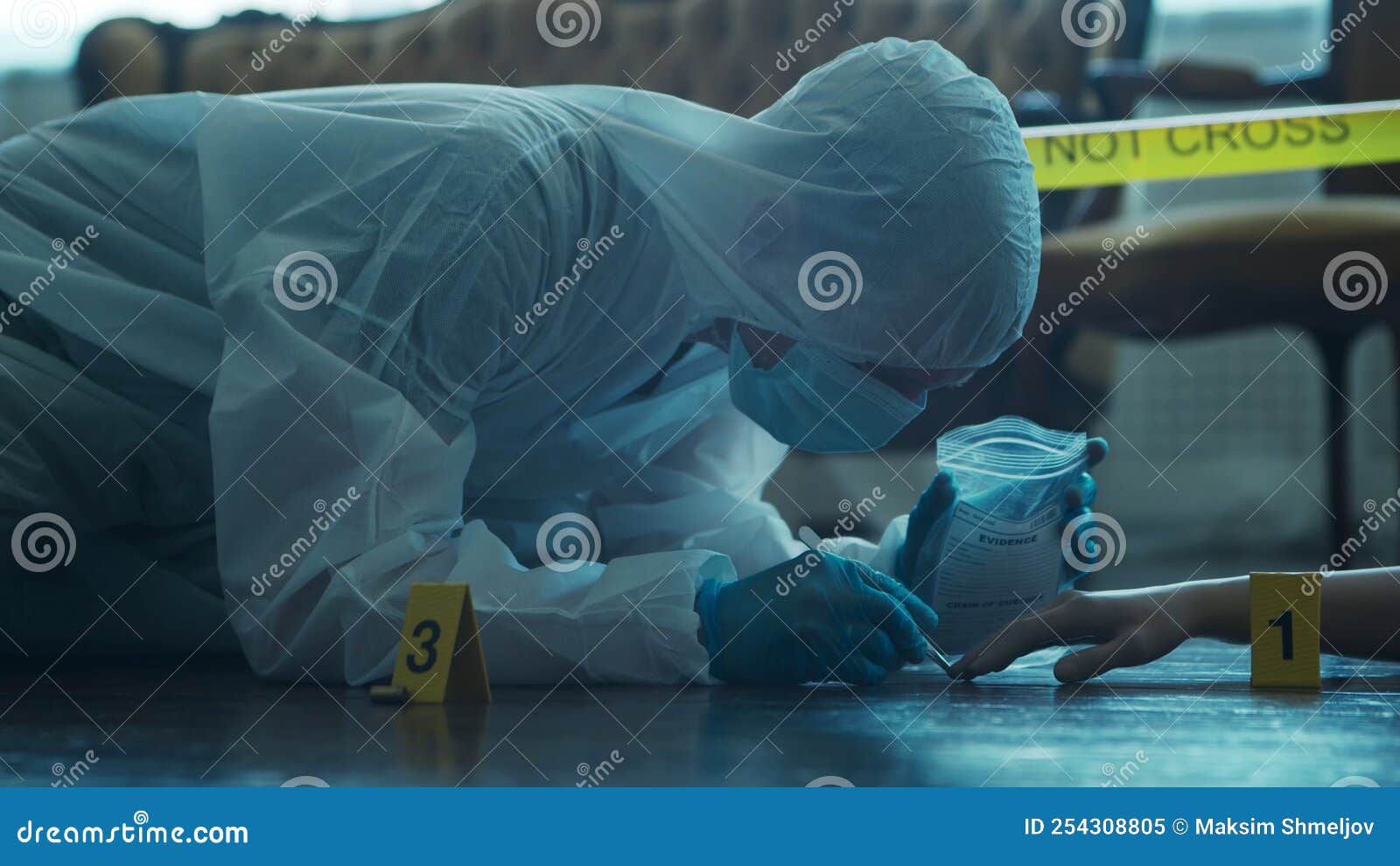 Detective Collecting Evidence In A Crime Scene Forensic Specialists
